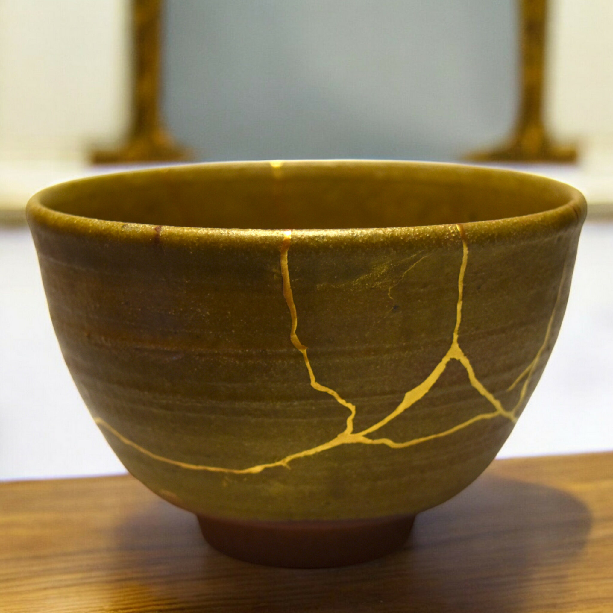 Kintsugi Celadon stoneware chawan - Pure Gold Kintsugi