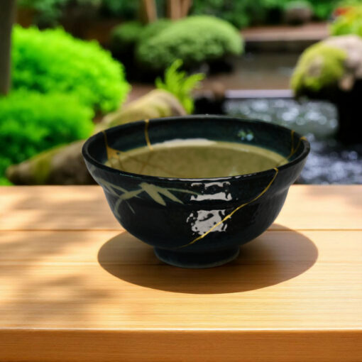 Ceramic dark blue bowl with bamboos - Pure Gold Kintsugi