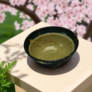 Ceramic dark blue bowl with bamboos - Pure Gold Kintsugi