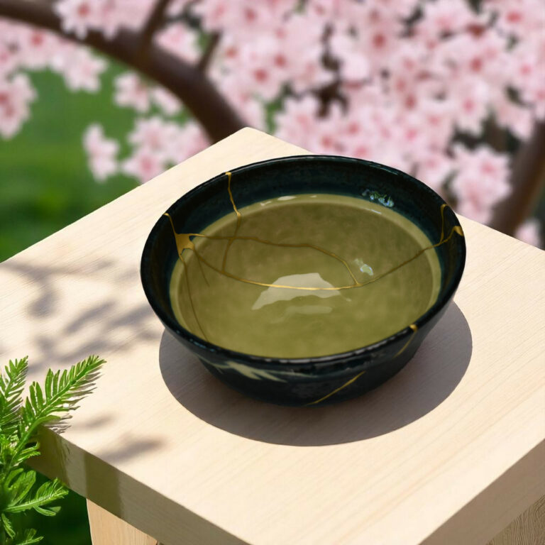 Ceramic dark blue bowl with bamboos - Pure Gold Kintsugi