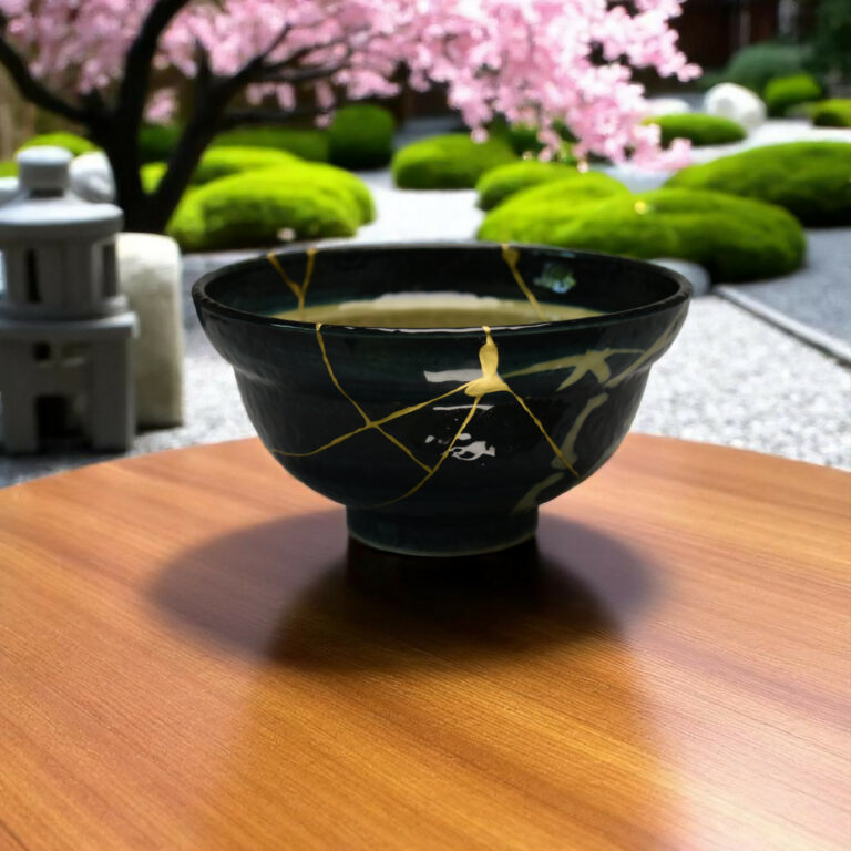 Ceramic dark blue bowl with bamboos - Pure Gold Kintsugi