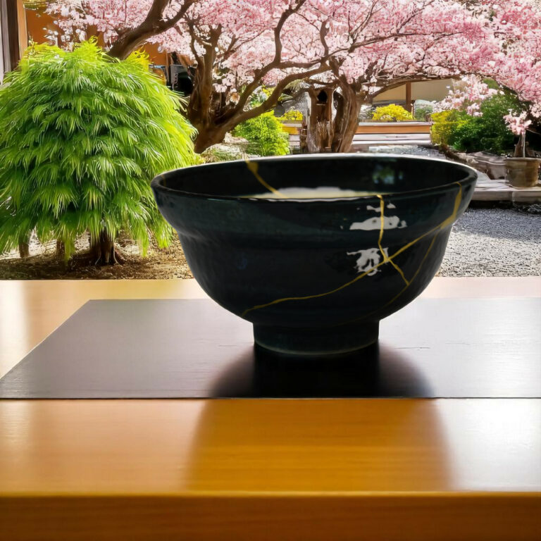 Ceramic dark blue bowl with bamboos - Pure Gold Kintsugi